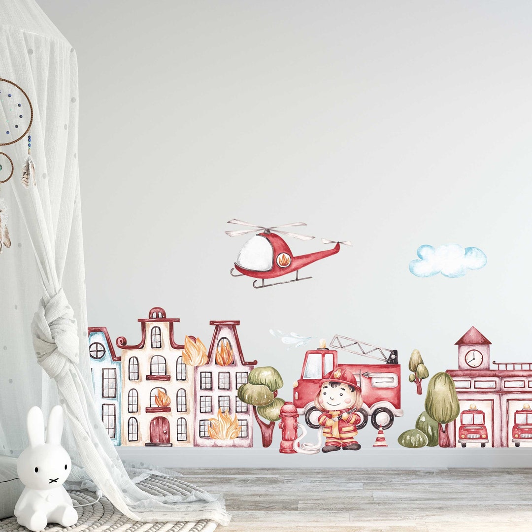 Wall Sticker Children's Room Fire Brigade V395 Baby Fire Engine Baby ...