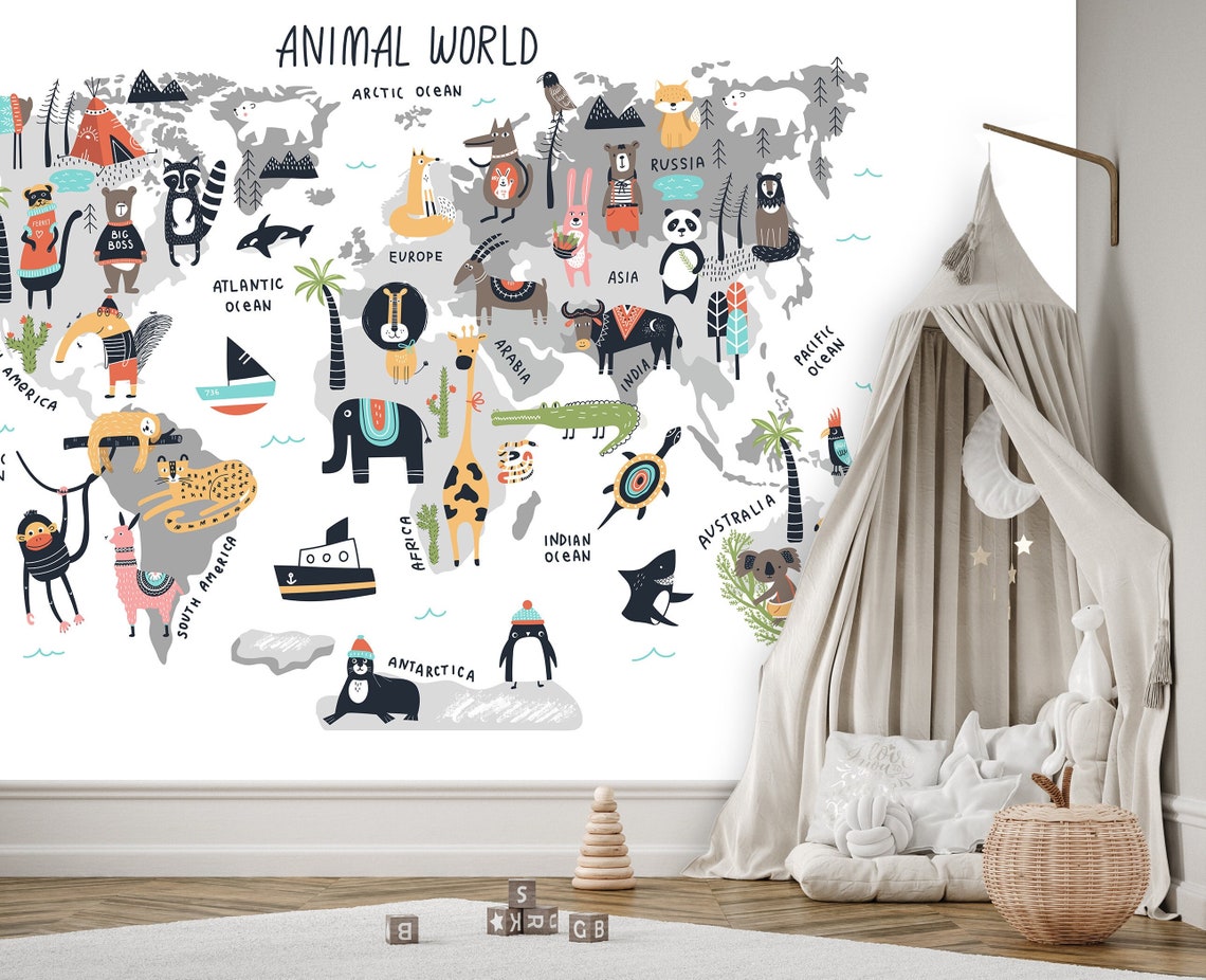 Animal Journey of Discovery: Wallpaper World Map With Animals - Wall ...