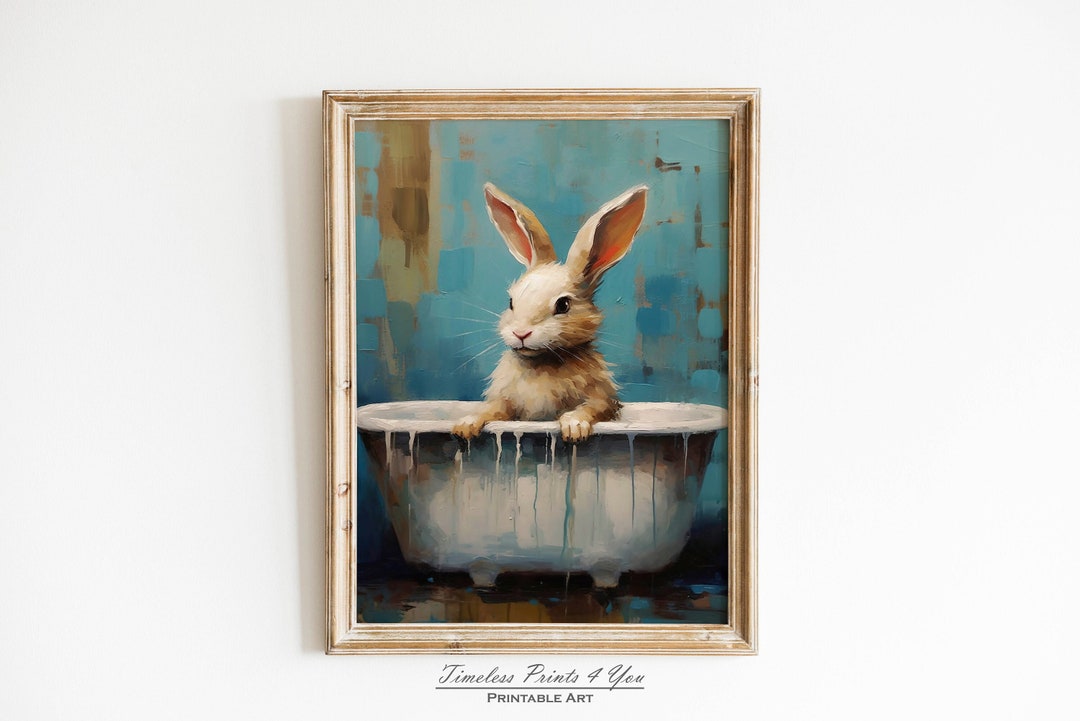 Spring Bunny in Bath Tub Printable Art, Bunny Pictures in Bathroom ...