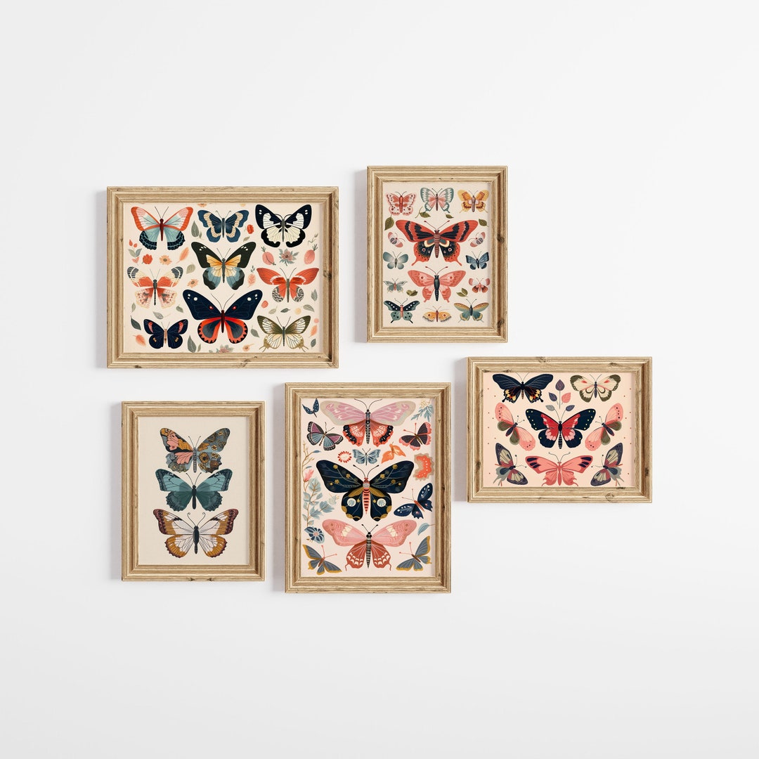 Boho Butterfly Art, Print Gallery Wall Art Set of 5, Floral Butterfly ...