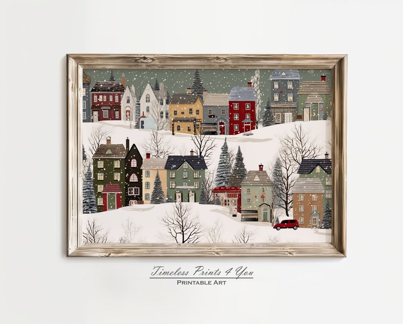 Winter Village Art, Winter Village Painting, Vintage Winter Scene ...