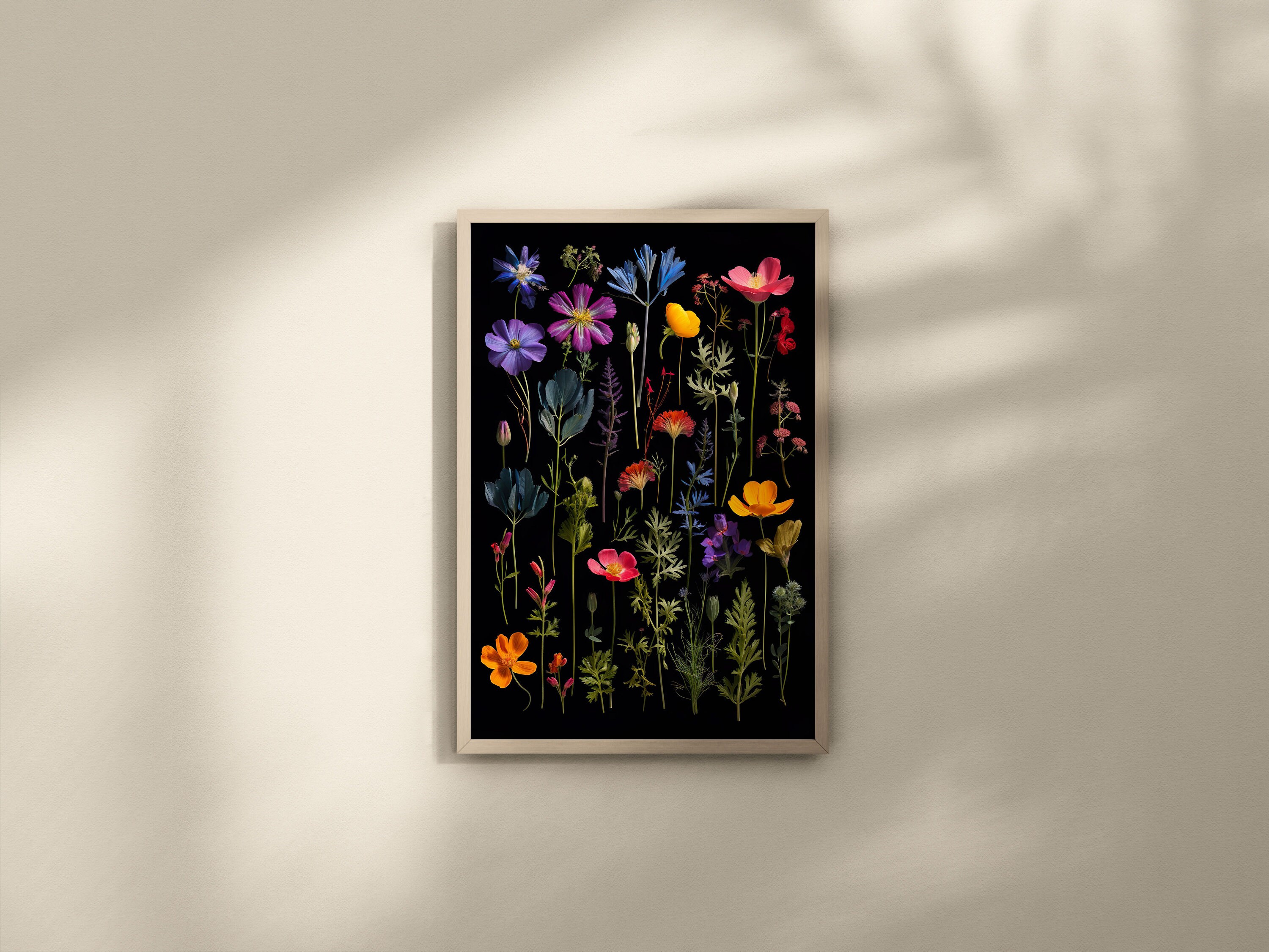 Pressed Flower Art, Dark Botanical Print, Dark Floral Wall Art, Dark ...