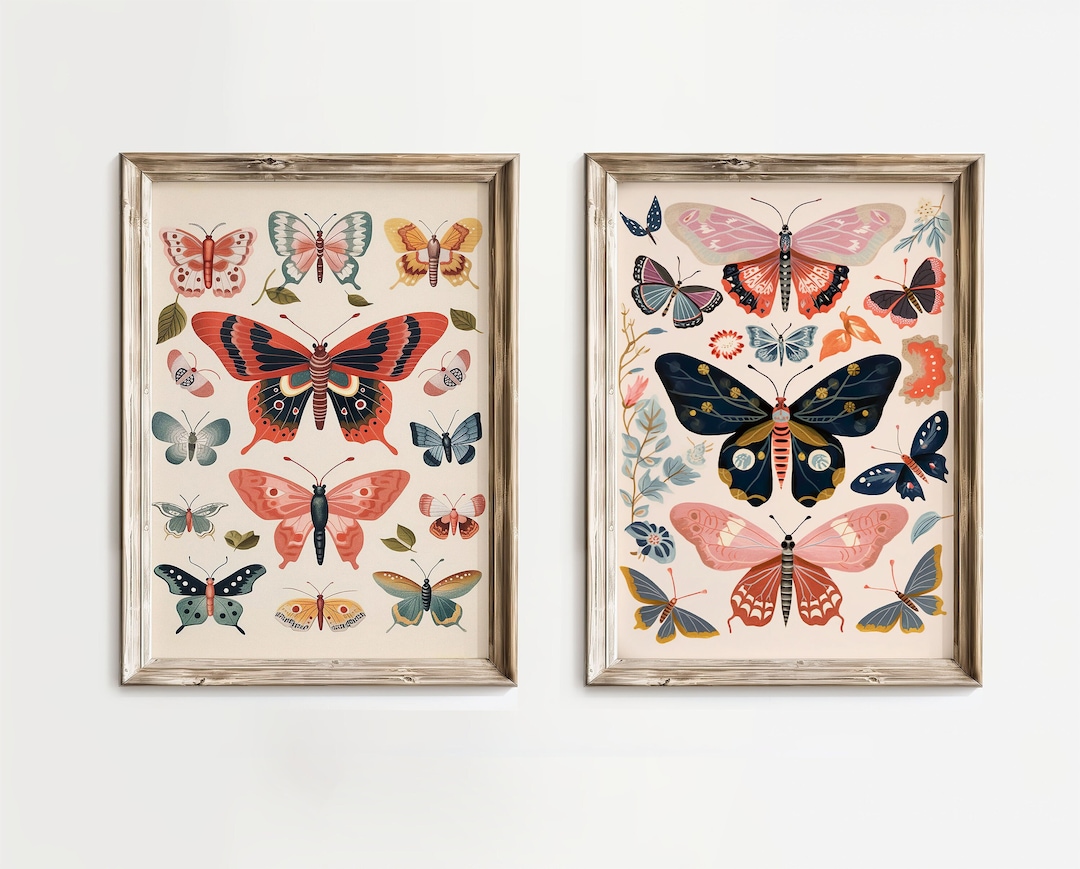 Boho Butterfly Art, Butterfly Set of 2, Floral Butterfly Art, Boho ...