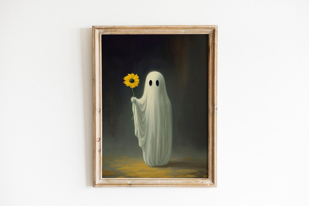 Ghost Portrait, Ghost Holding Flower, Cute Ghost Art Print, Ghost Wall ...