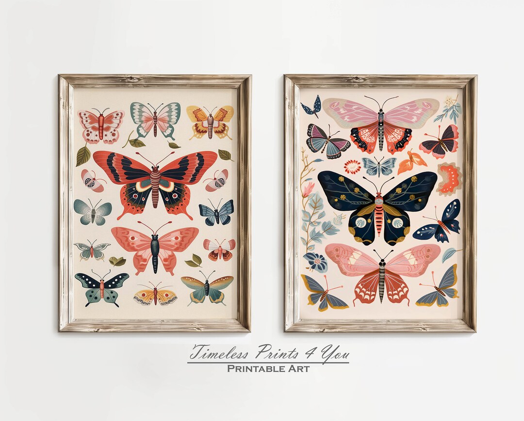 Boho Butterfly Art, Butterfly Set of 2, Floral Butterfly Art, Boho ...