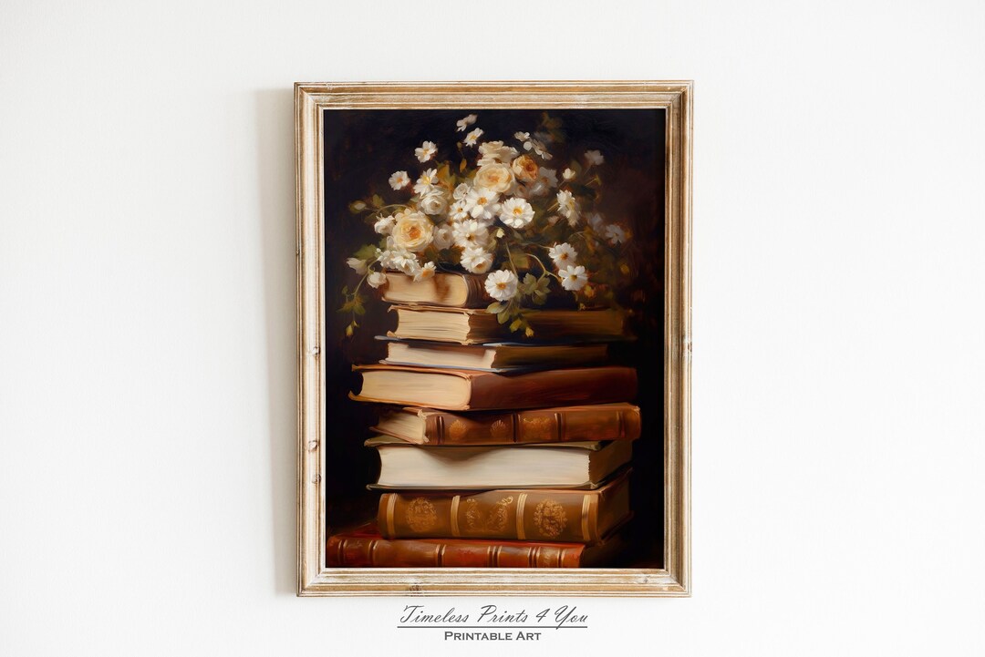 Book Stack Art Spring Wall Art Rustic Farmhouse Art Spring Decor Dark Academia Decor Wildflower ...