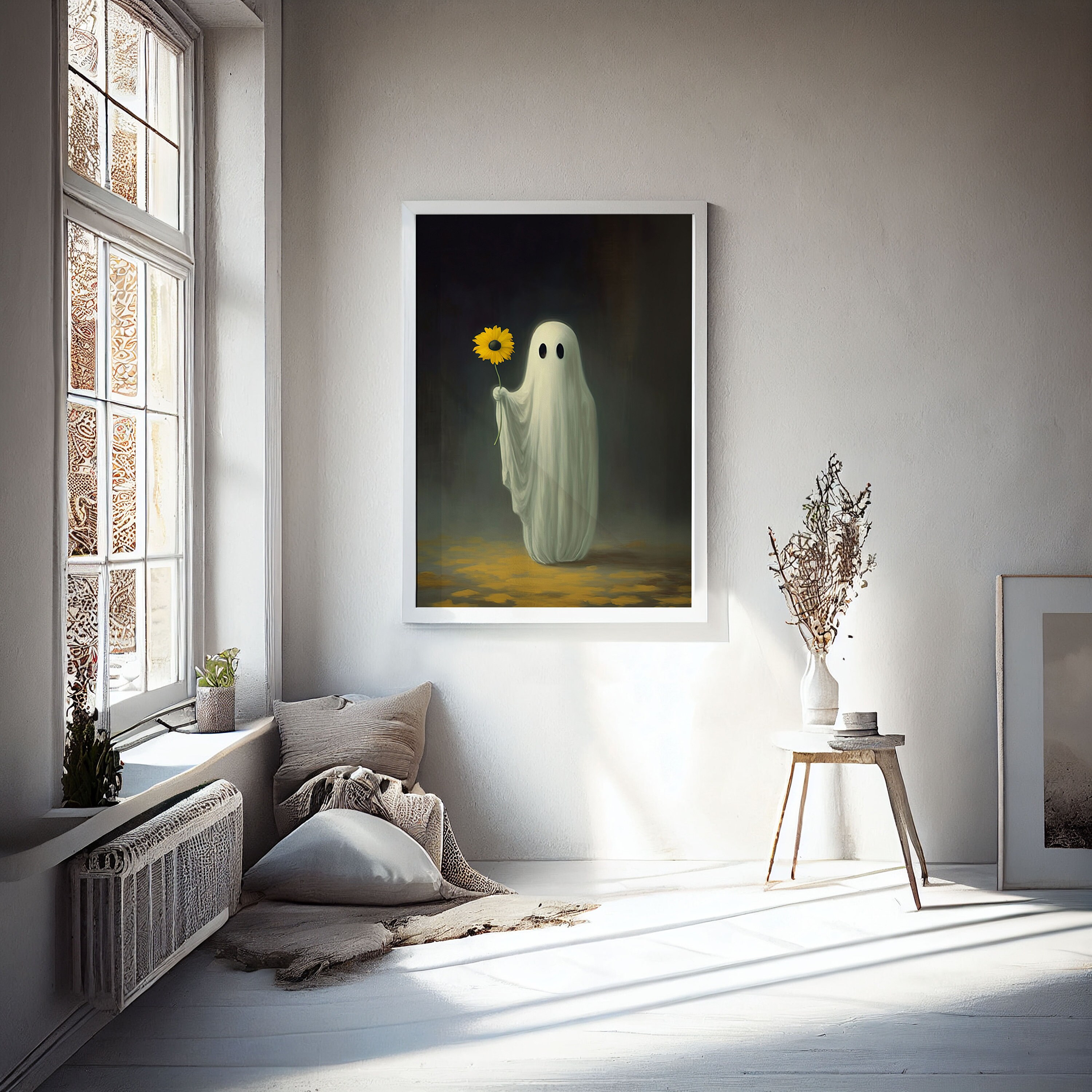Ghost Portrait, Ghost Holding Flower, Cute Ghost Art Print, Ghost Wall ...