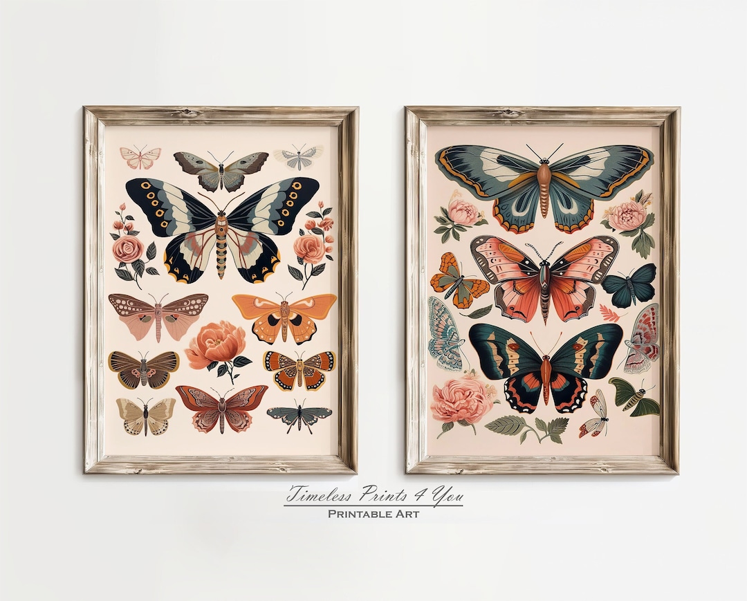 Boho Butterfly Art, Butterfly Set of 2, Boho Butterfly Print, Floral ...