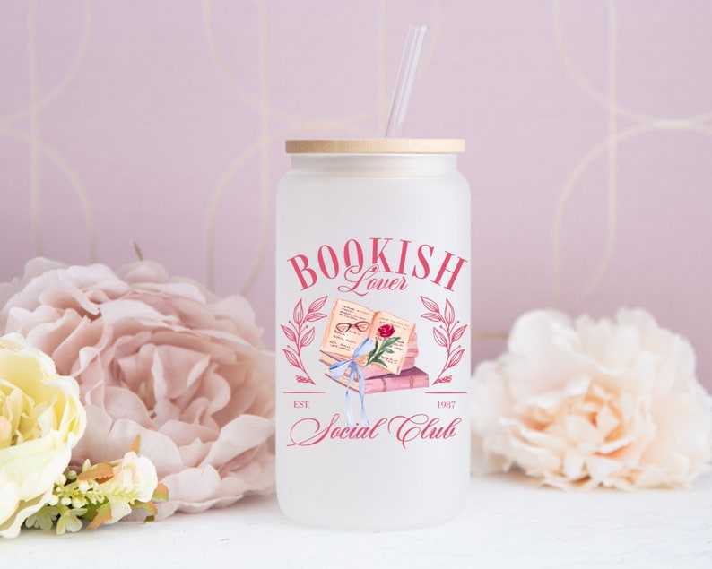 Coquette Themed 16 Oz Glass Can 'bookish Social Club' Chic Book Lover ...