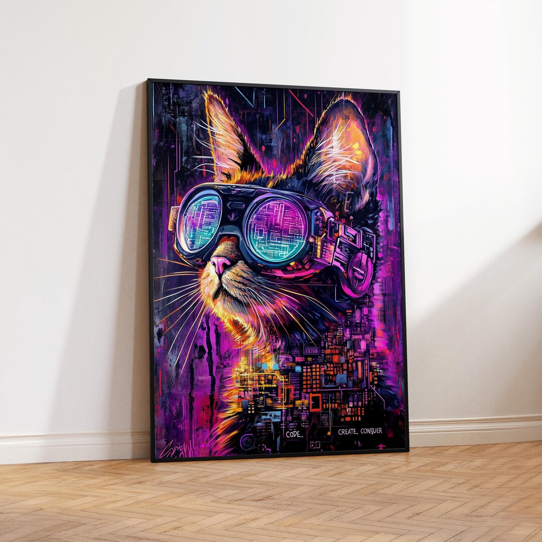 Neon Hacker Cat Poster, Trendy Printable Wall Art, Digital Download ...