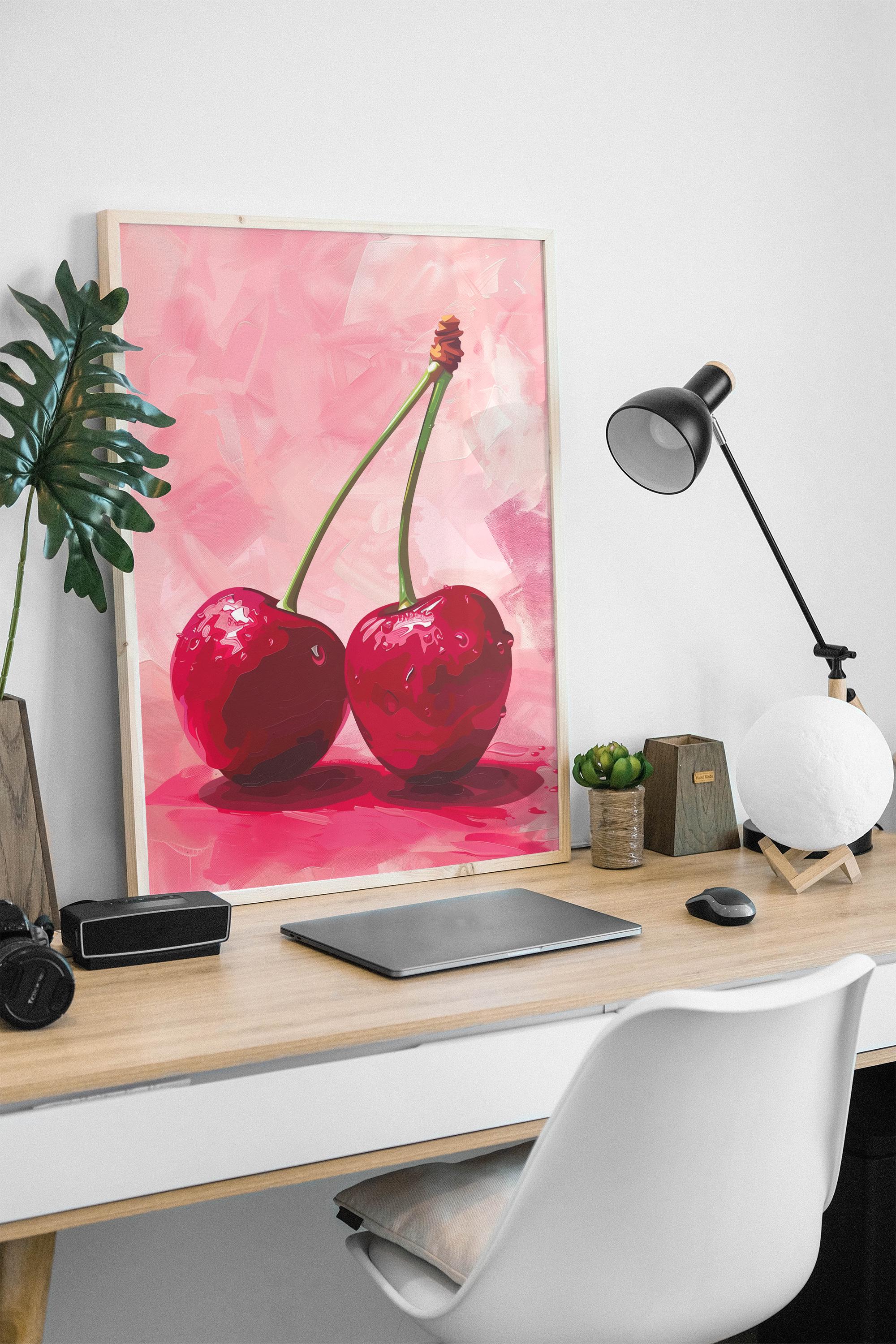 Preppy Cherry Print, Digital Download, Printable Kitchen Wall Art, Pink ...