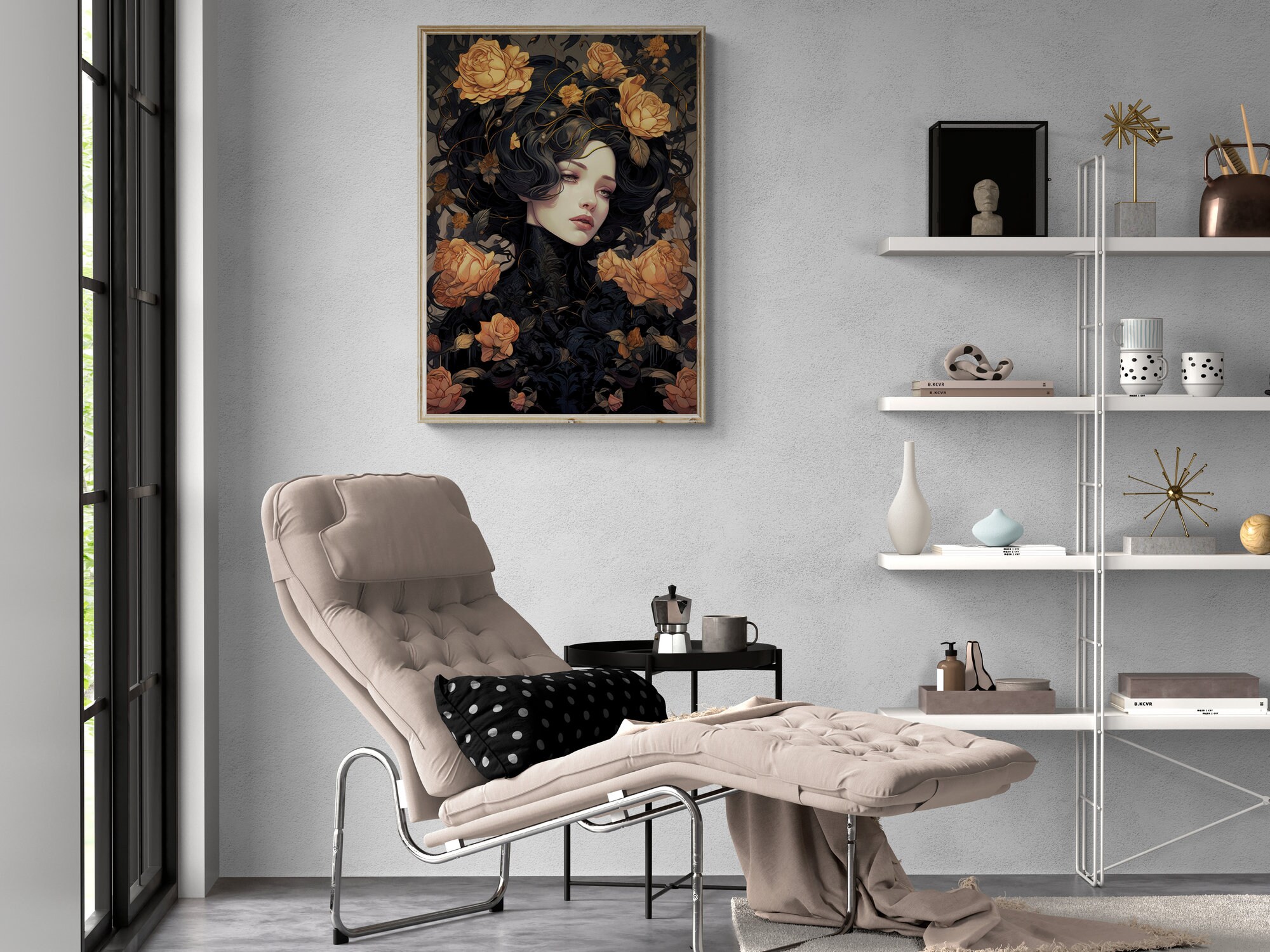 Preppy Dark Woman Portrait Printable Wall Art Dark Floral - Etsy