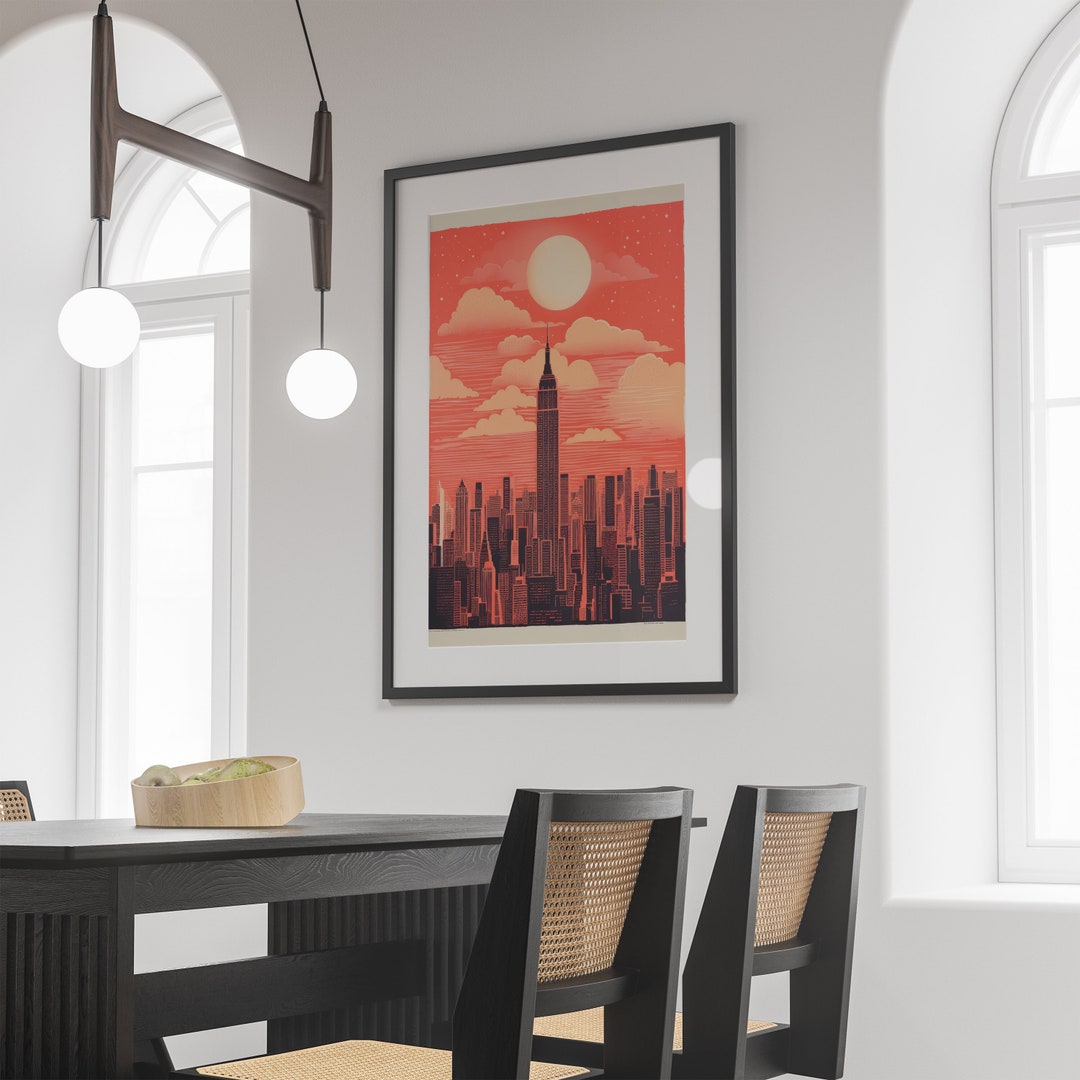 Retro NYC Poster Printable Wall Art, Coral Red Skyline Print Instant ...