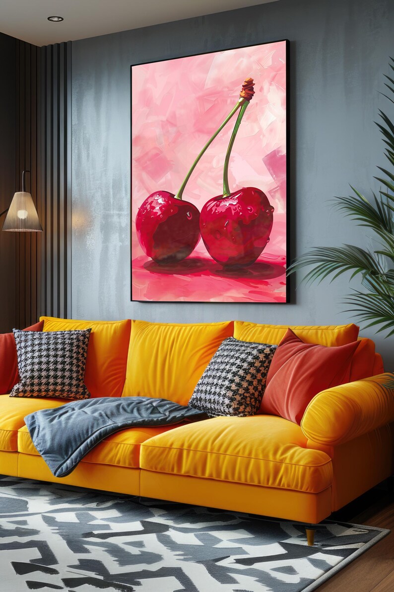 Preppy Cherry Print, Digital Download, Printable Kitchen Wall Art, Pink ...