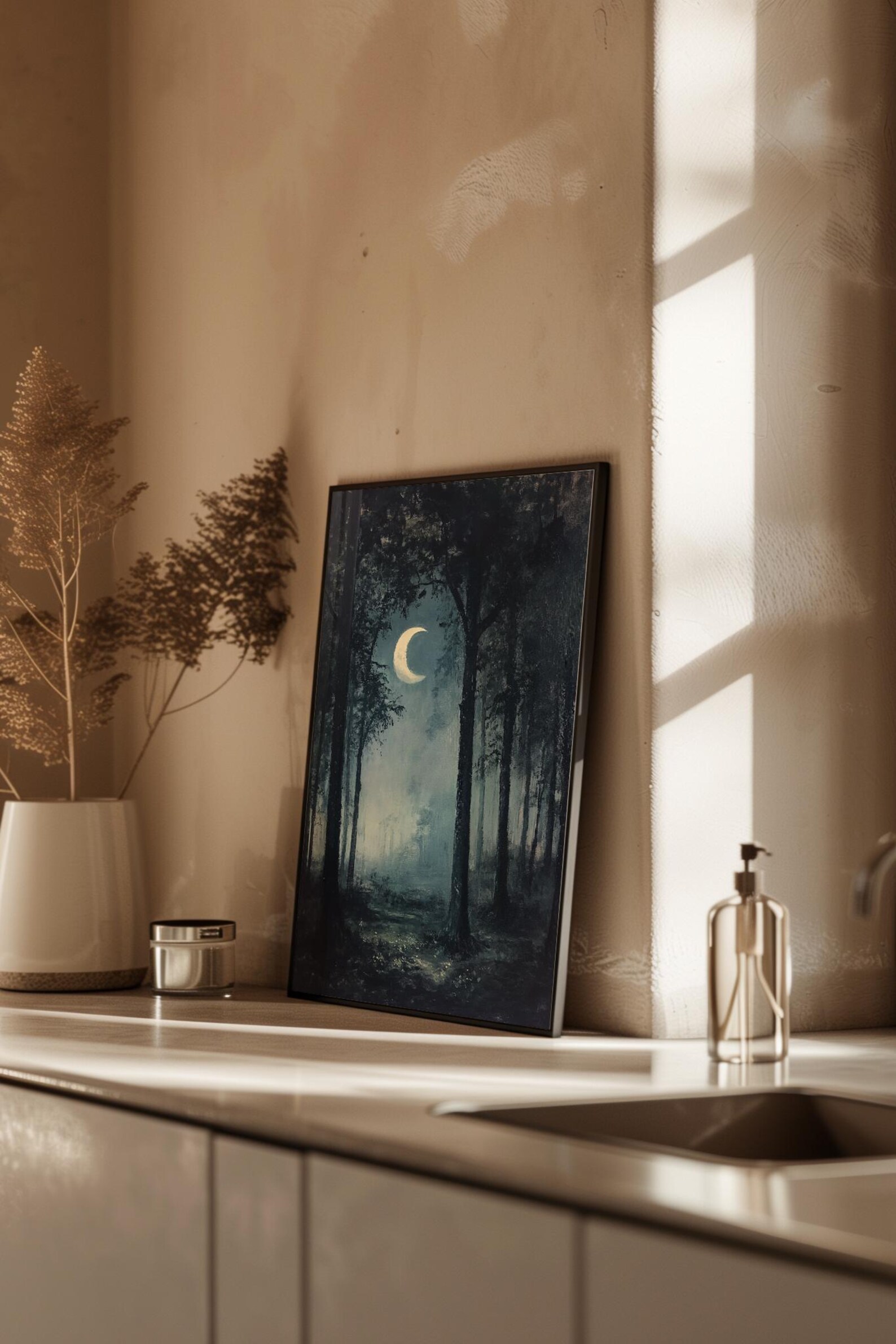 Crescent Moon Forest Landscape Painting, Printable Wall Art Digital ...