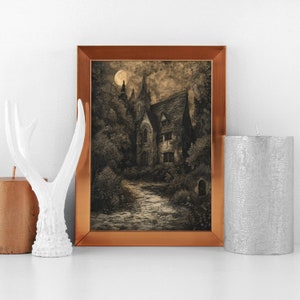 Haunted Forest Cottage, Printable Wall Art, Digital Download, Etching ...