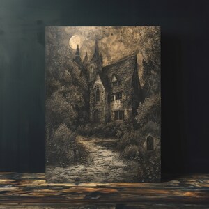 Haunted Forest Cottage, Printable Wall Art, Digital Download, Etching ...