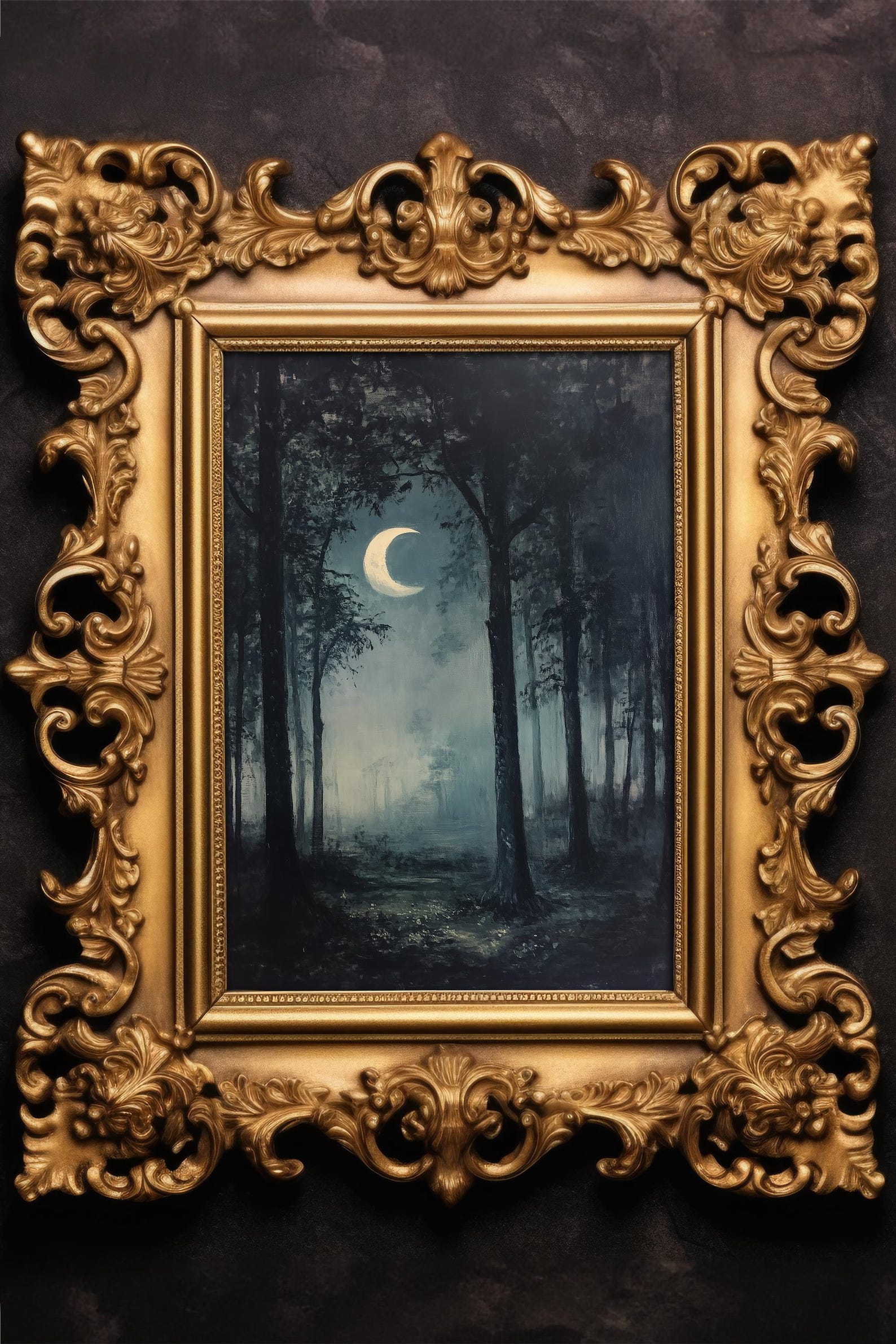 Crescent Moon Forest Landscape Painting, Printable Wall Art Digital ...