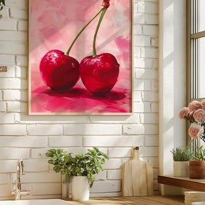 Preppy Cherry Print, Digital Download, Printable Kitchen Wall Art, Pink ...