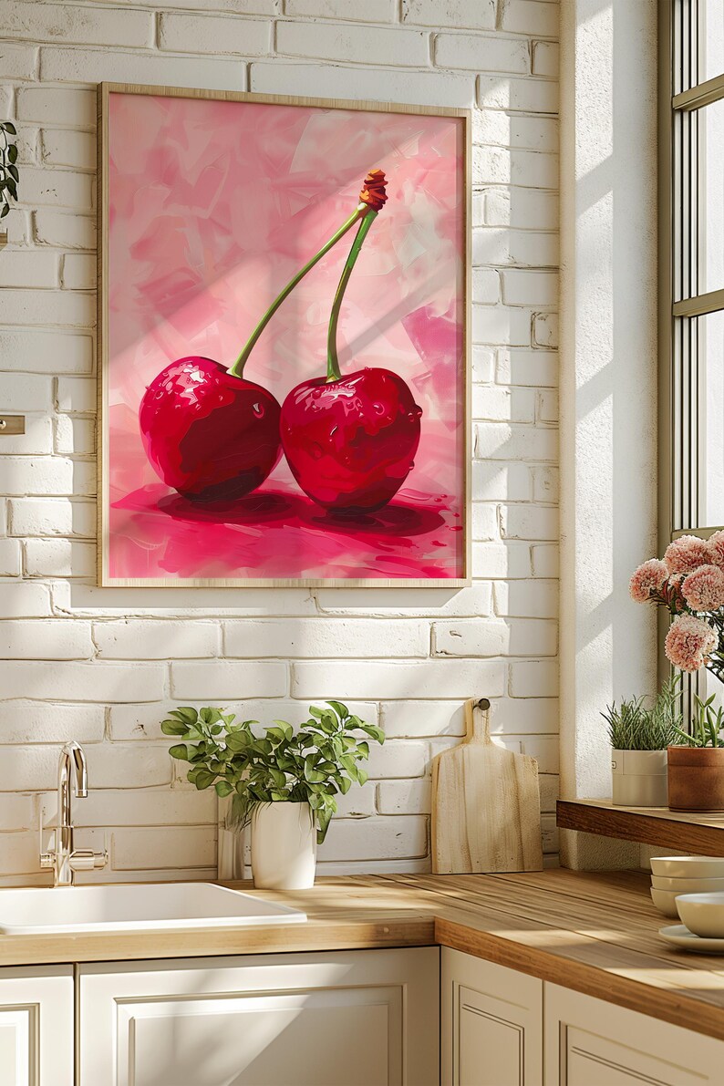 Preppy Cherry Print, Digital Download, Printable Kitchen Wall Art, Pink ...