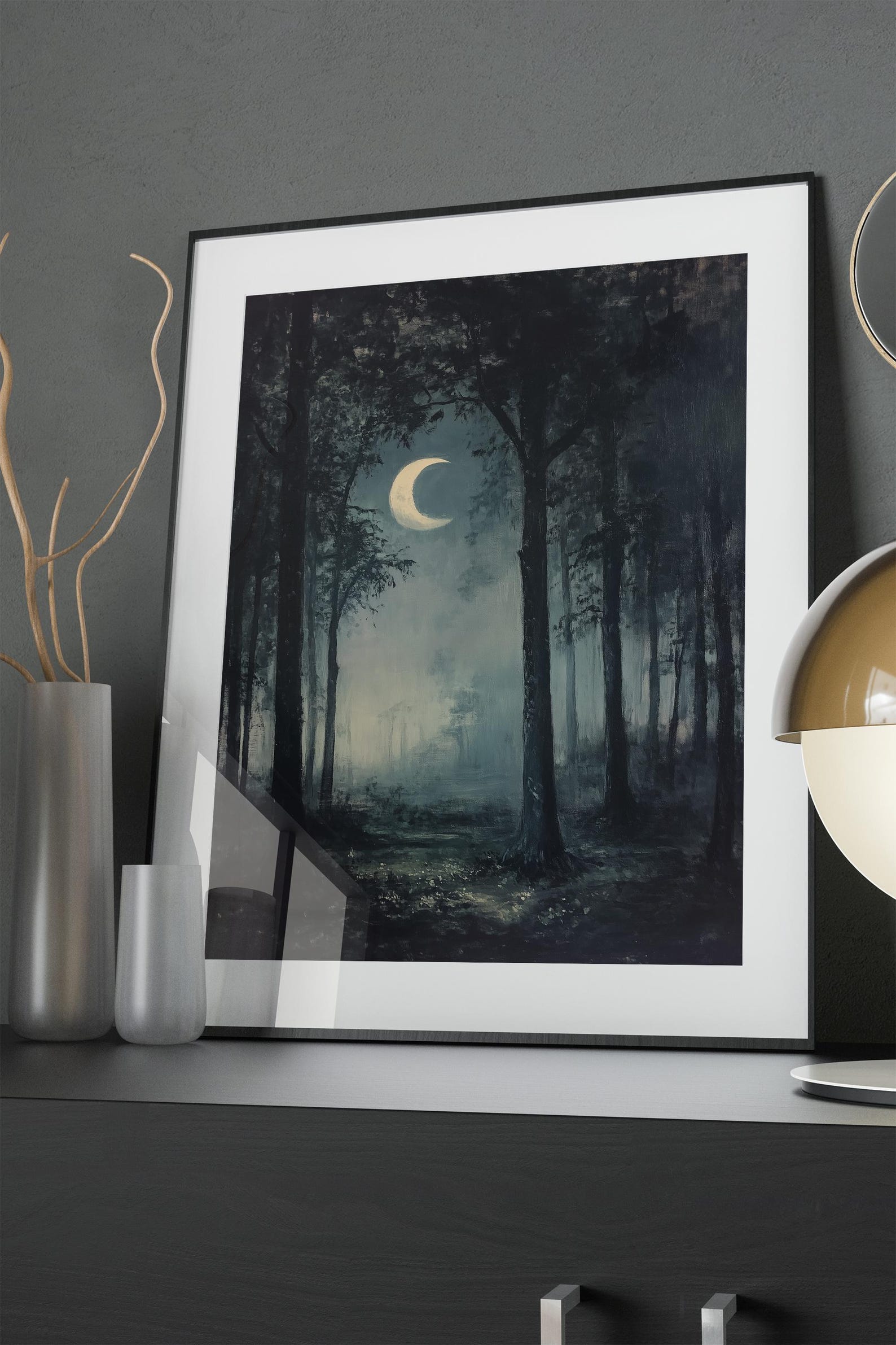 Crescent Moon Forest Landscape Painting, Printable Wall Art Digital ...
