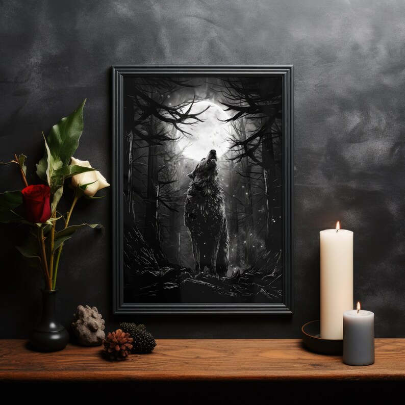 Etching Style Wolf Painting, Printable Wall Art, Instant Download, Dark ...