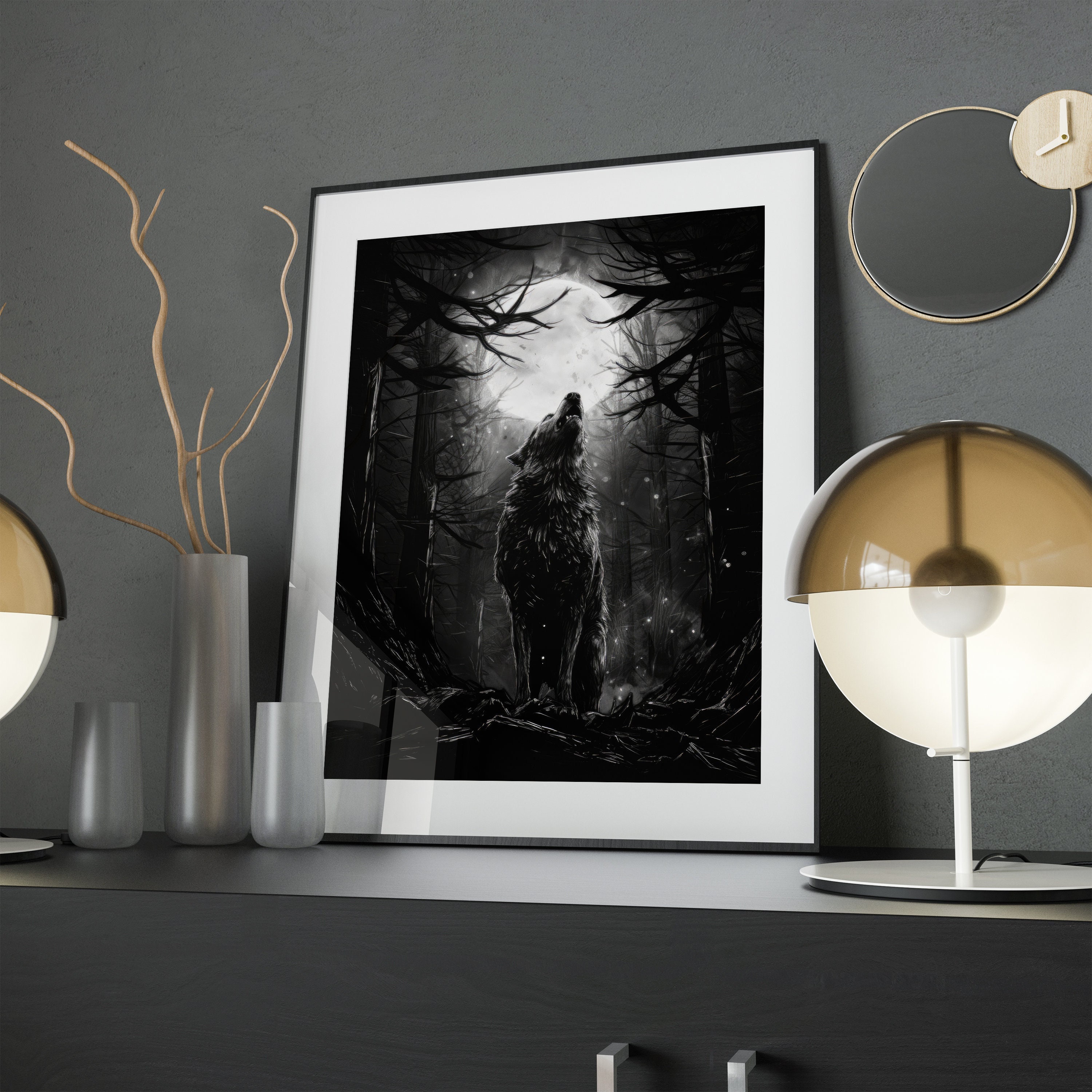 Etching Style Wolf Painting, Printable Wall Art, Instant Download, Dark ...