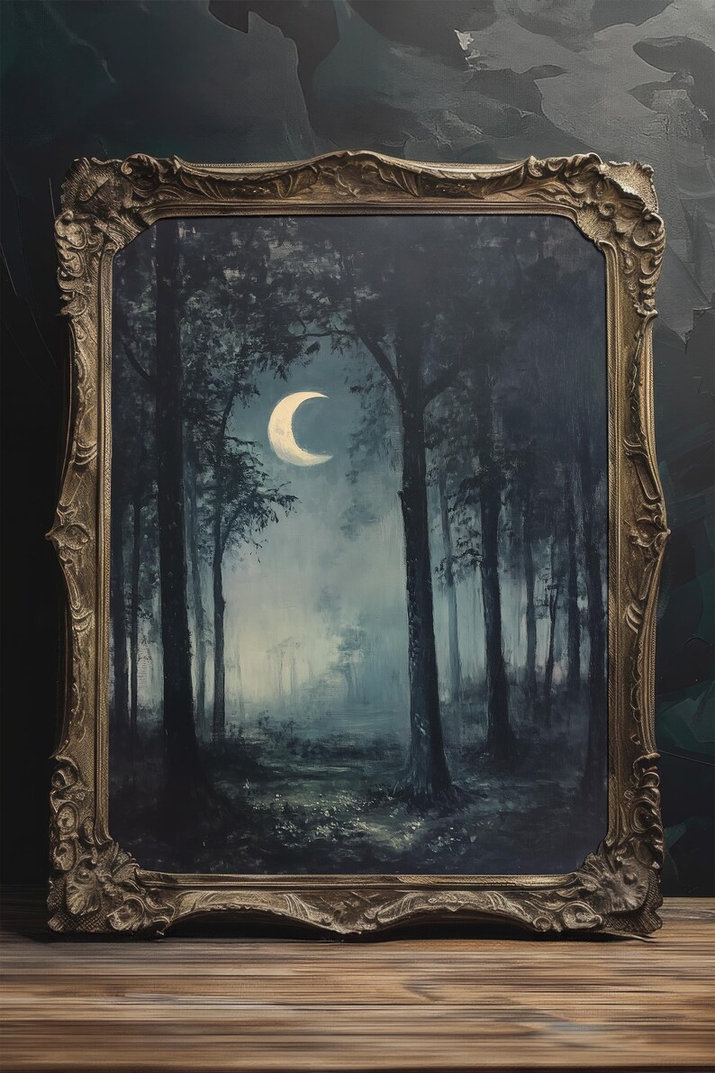 Crescent Moon Forest Landscape Painting, Printable Wall Art Digital ...