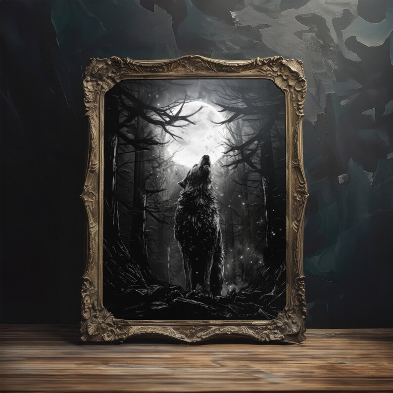 Etching Style Wolf Painting, Printable Wall Art, Instant Download, Dark ...