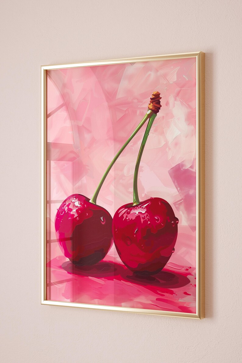 Preppy Cherry Print, Digital Download, Printable Kitchen Wall Art, Pink ...
