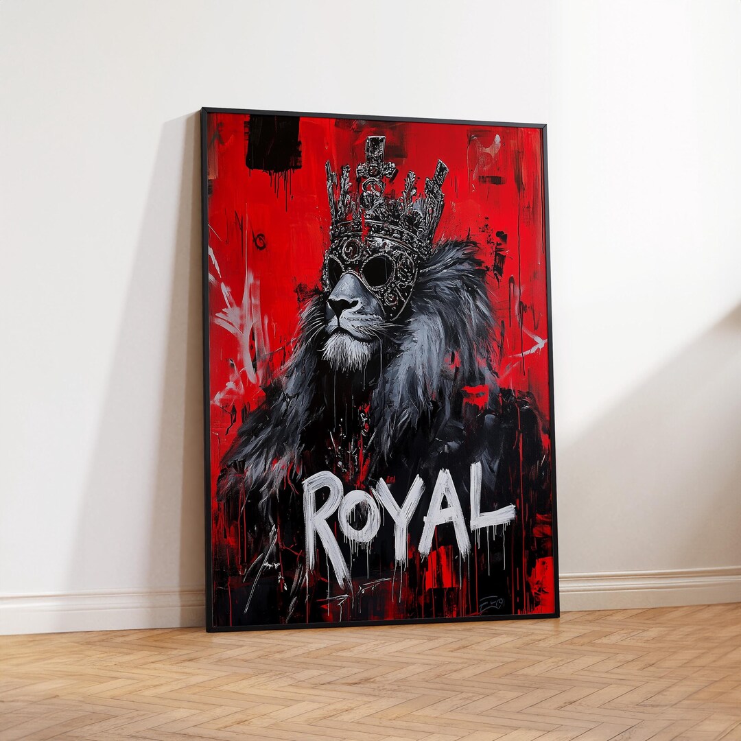 Crowned Lion Poster, Bright Red Printable Wall Art Digital Download ...