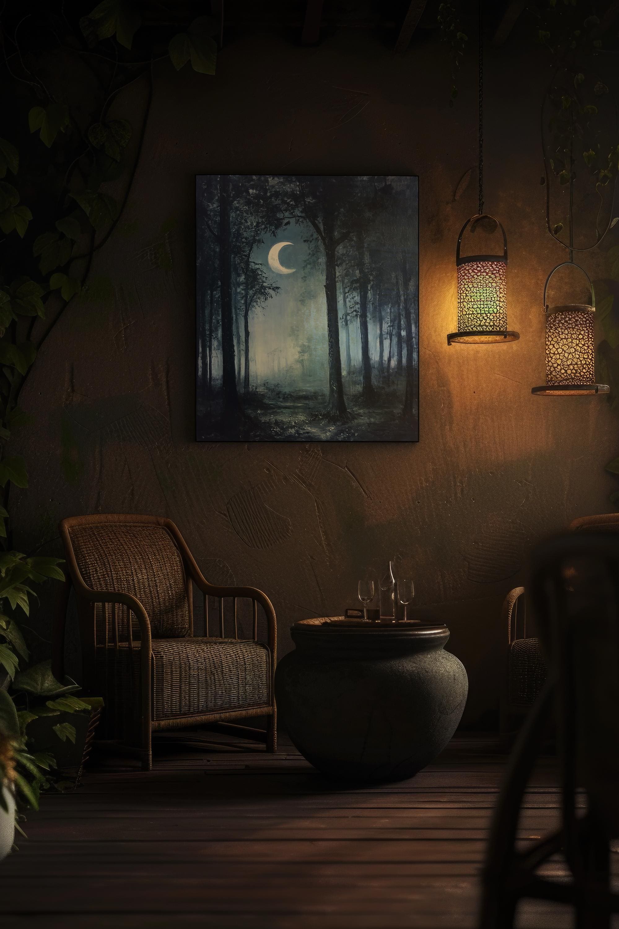 Crescent Moon Forest Landscape Painting, Printable Wall Art Digital ...