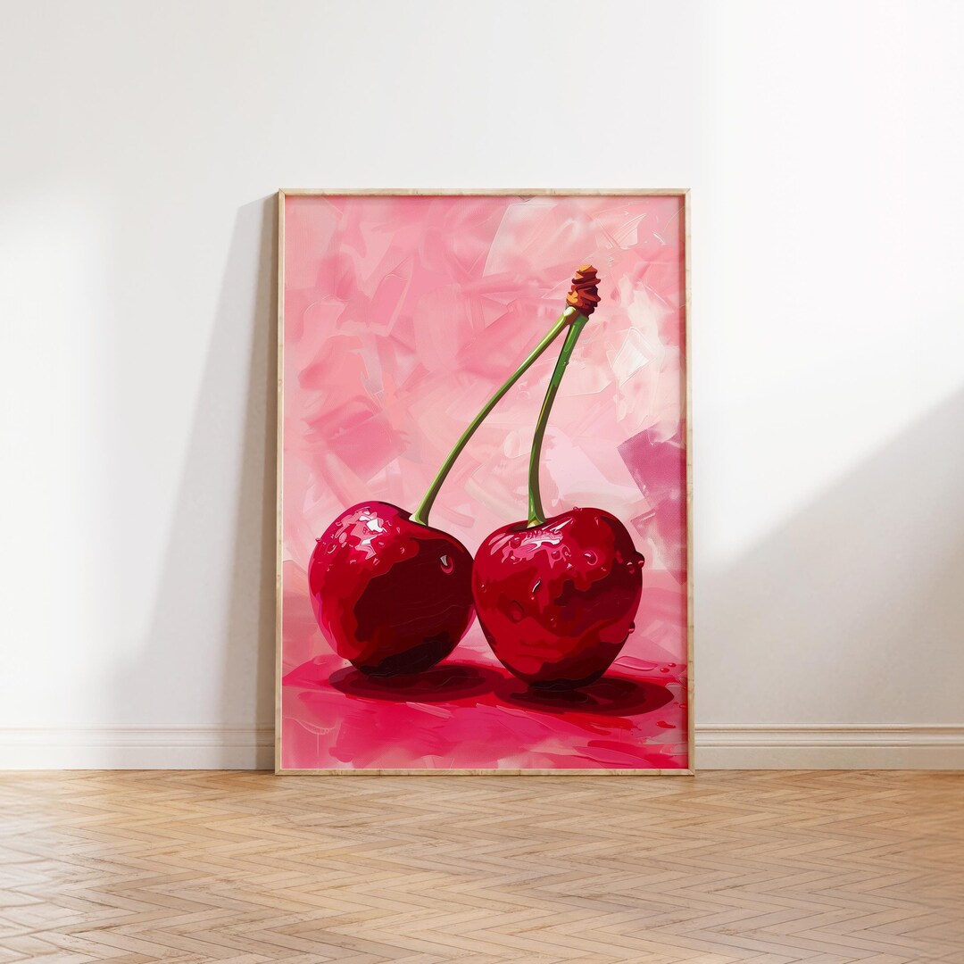 Preppy Cherry Print, Digital Download, Printable Kitchen Wall Art, Pink ...