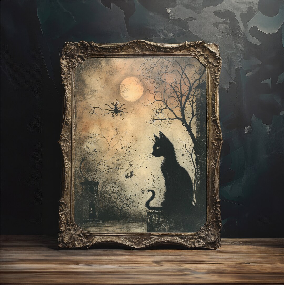 Whimsical Black Cat, Printable Wall Art, Instant Download, Dark ...