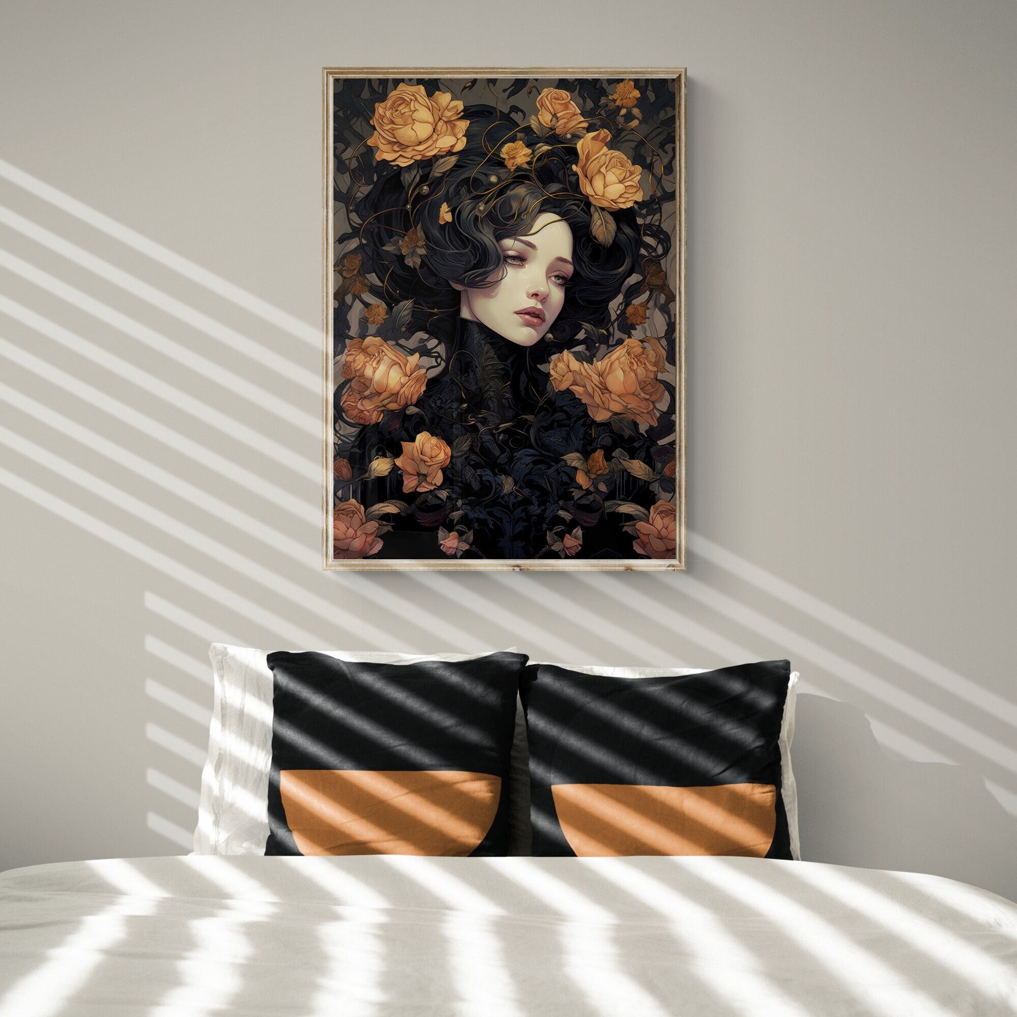 Preppy Dark Woman Portrait Printable Wall Art Dark Floral - Etsy