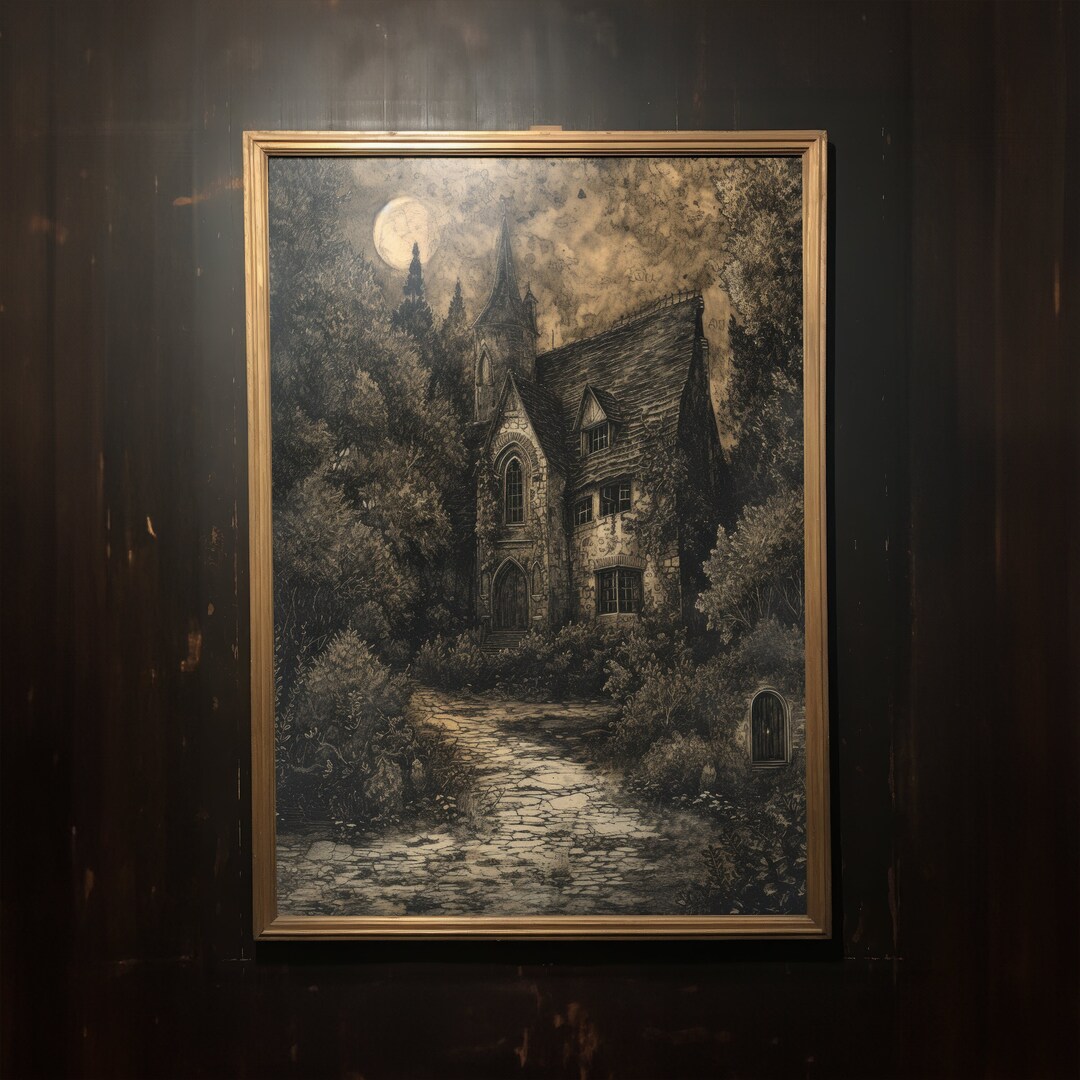 Haunted Forest Cottage, Printable Wall Art, Digital Download, Etching ...