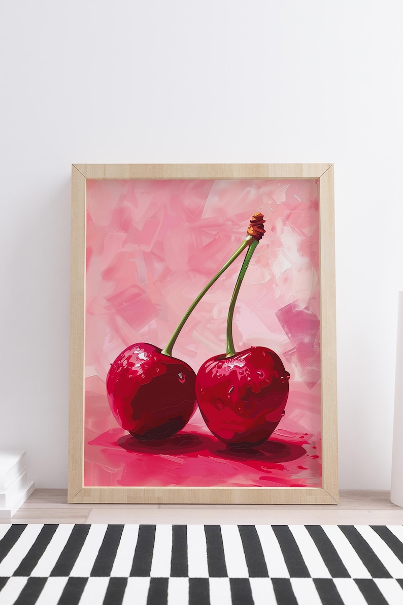 Preppy Cherry Print, Digital Download, Printable Kitchen Wall Art, Pink ...