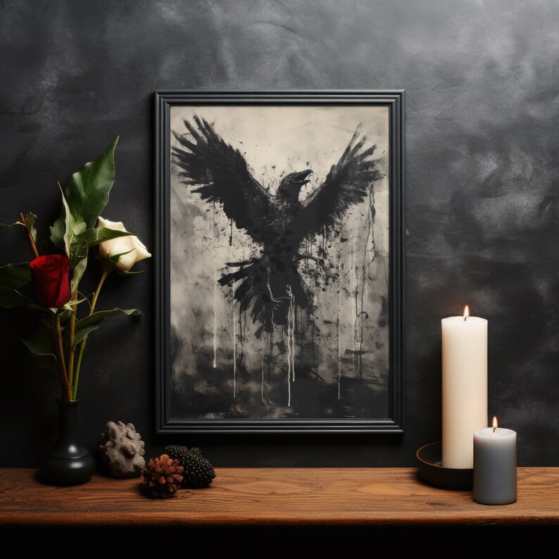 Moody Black Crow Painting, Printable Wall Art Instant Download, Dark ...
