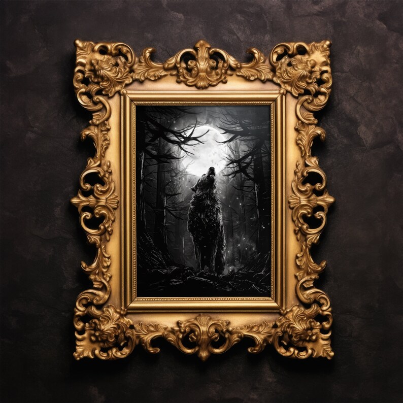 Etching Style Wolf Painting, Printable Wall Art, Instant Download, Dark ...
