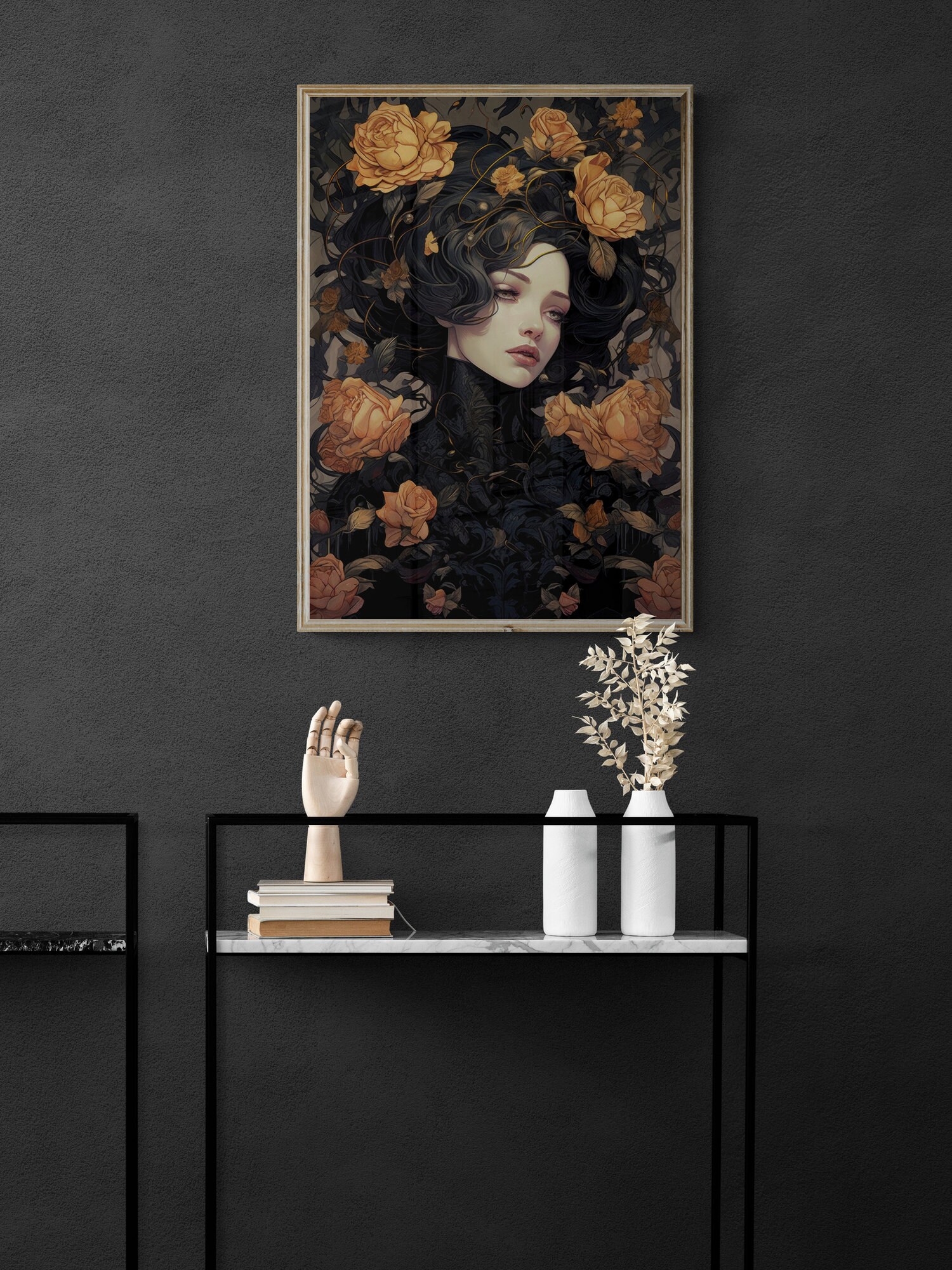 Preppy Dark Woman Portrait Printable Wall Art Dark Floral - Etsy