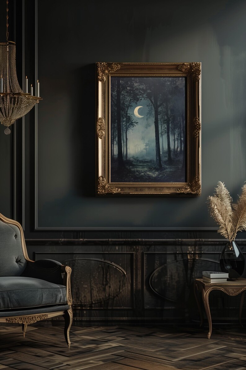 Crescent Moon Forest Landscape Painting, Printable Wall Art Digital ...