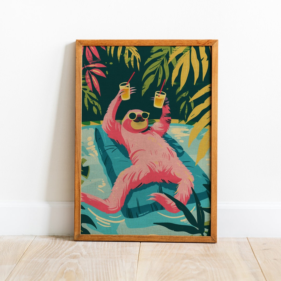 Cute Party Sloth Print, Digital Download, Printable Wall Art, Tropical ...