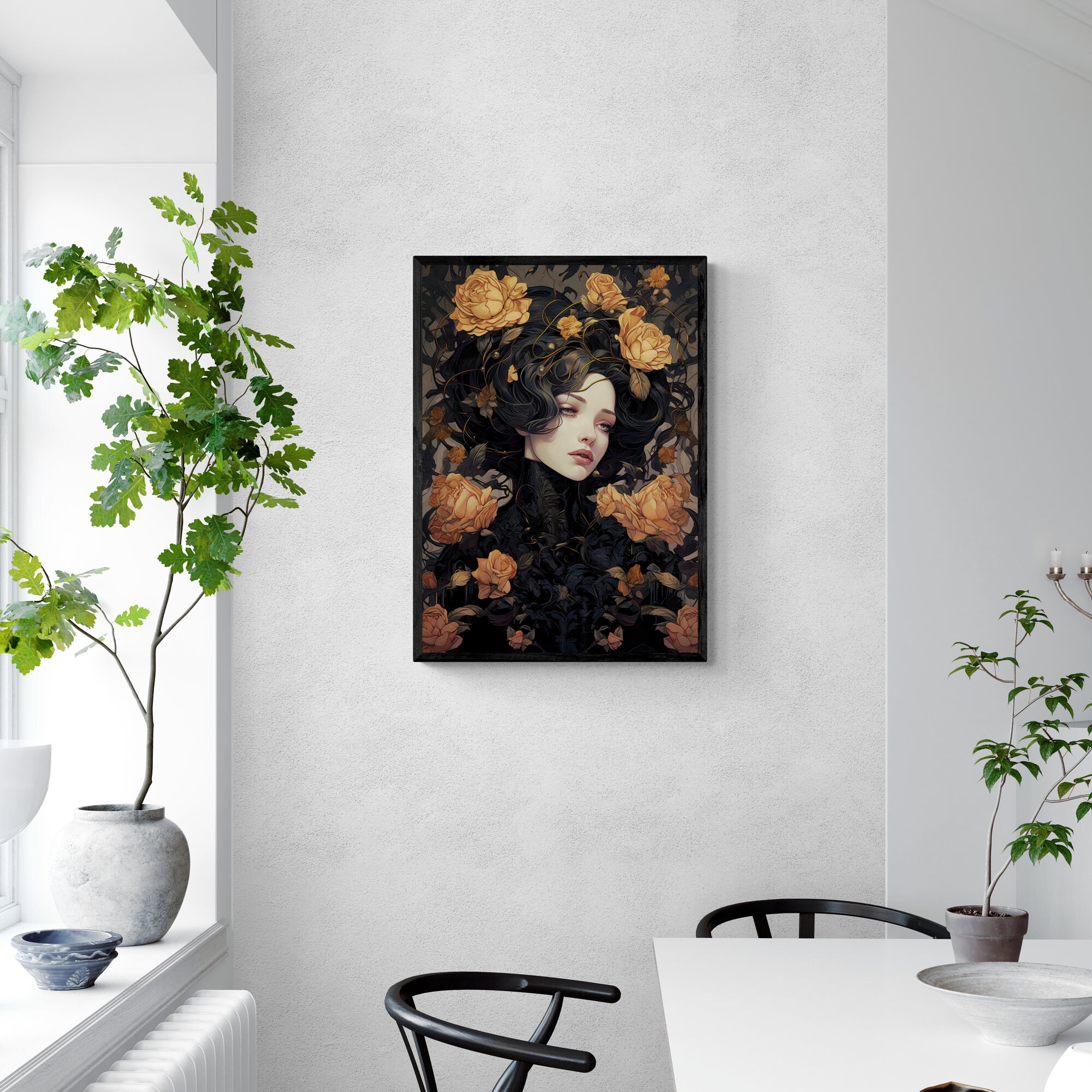 Preppy Dark Woman Portrait Printable Wall Art Dark Floral - Etsy