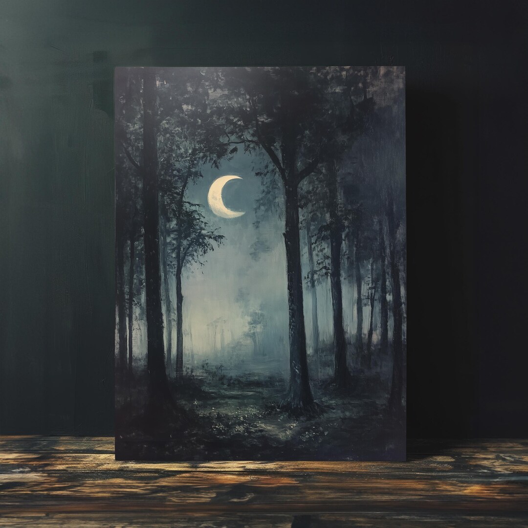 Crescent Moon Forest Landscape Painting, Printable Wall Art Digital ...