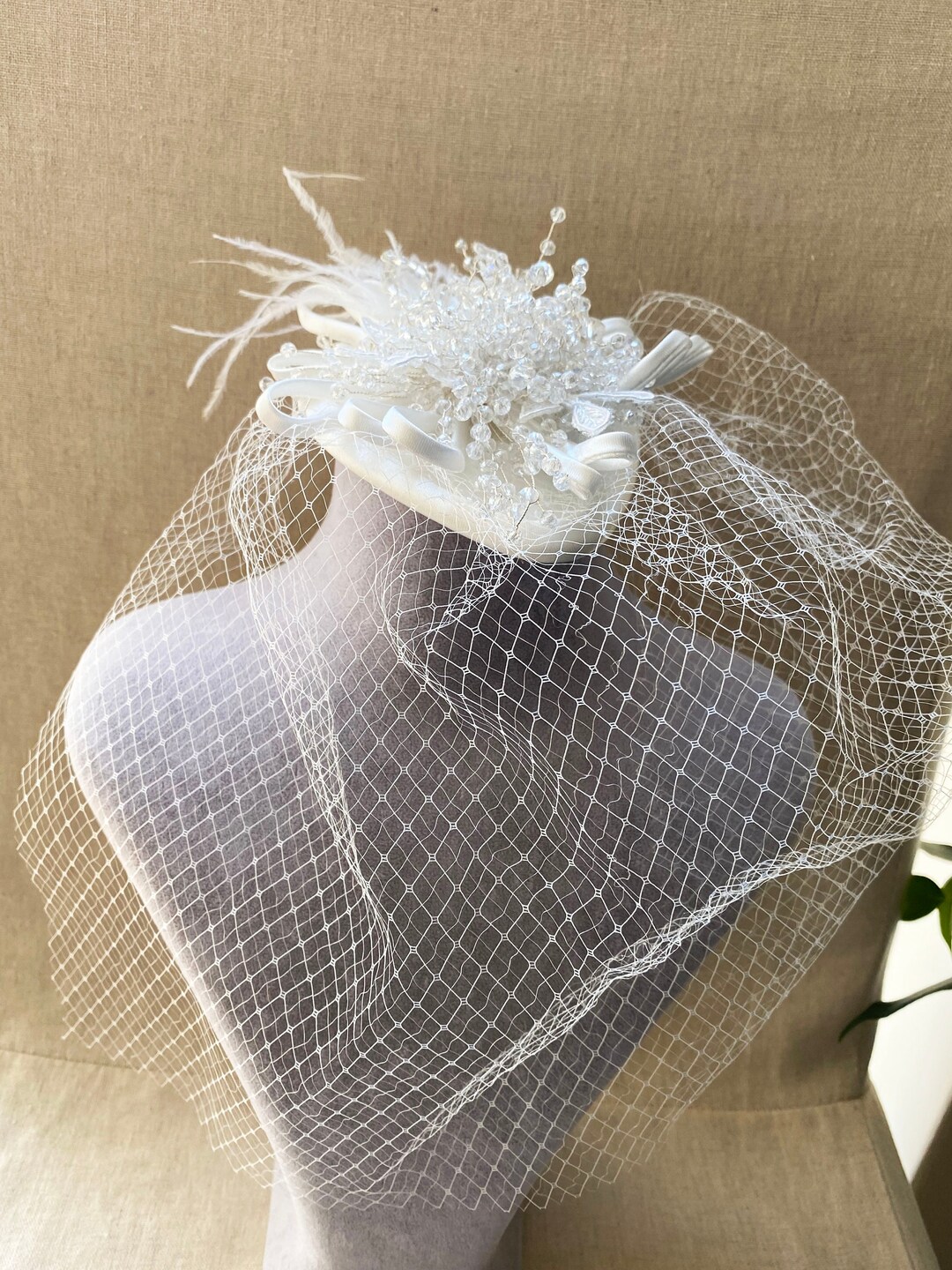 Bride Birdcage Veil Fascinator, Headband With Short Veil With Ivory ...