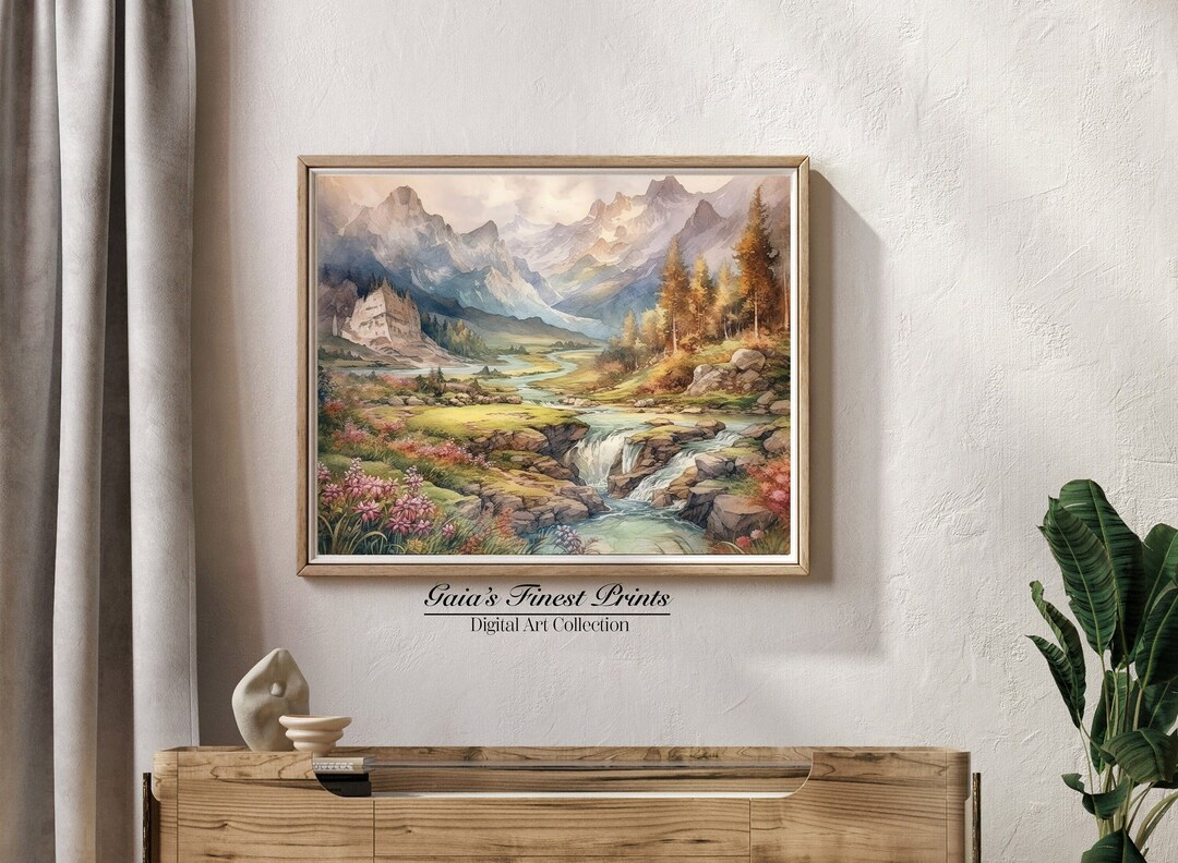 Mountain Stream Watercolor Paintingwall Printsnature Wall - Etsy