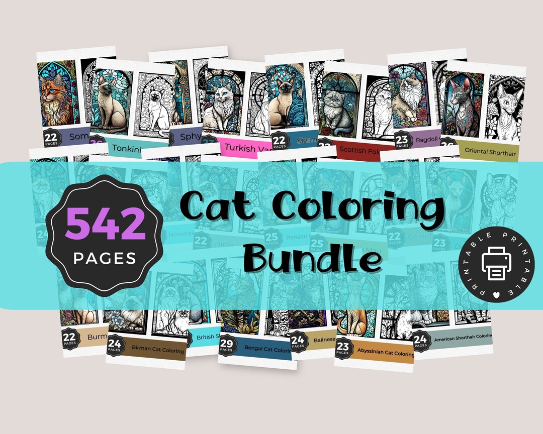 Cat Coloring Page Bundle 26 Cat Breeds 542 Pages in Total Digital ...
