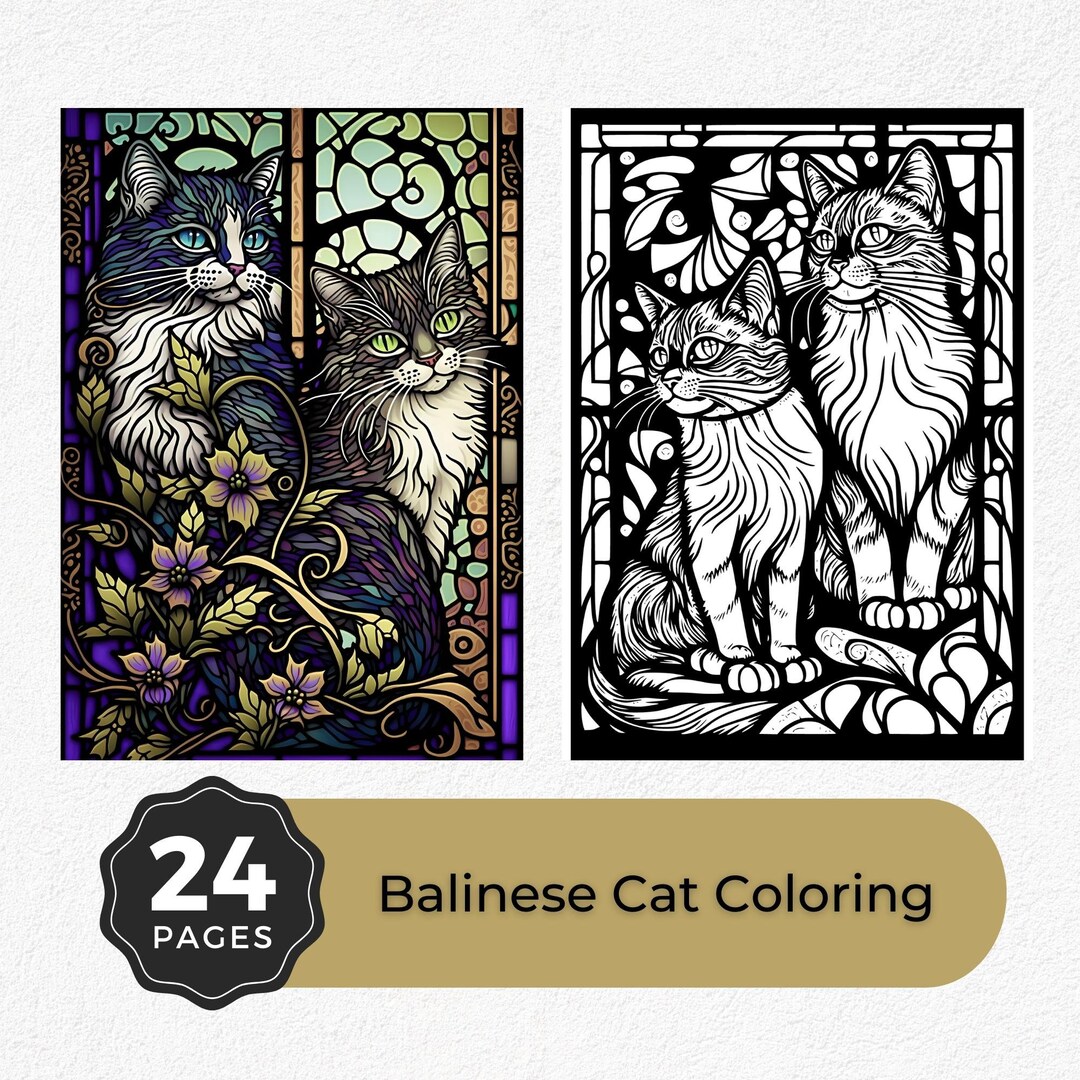Bundle of 24 Balinese Cat Coloring Pages in Stained Glass Design ...