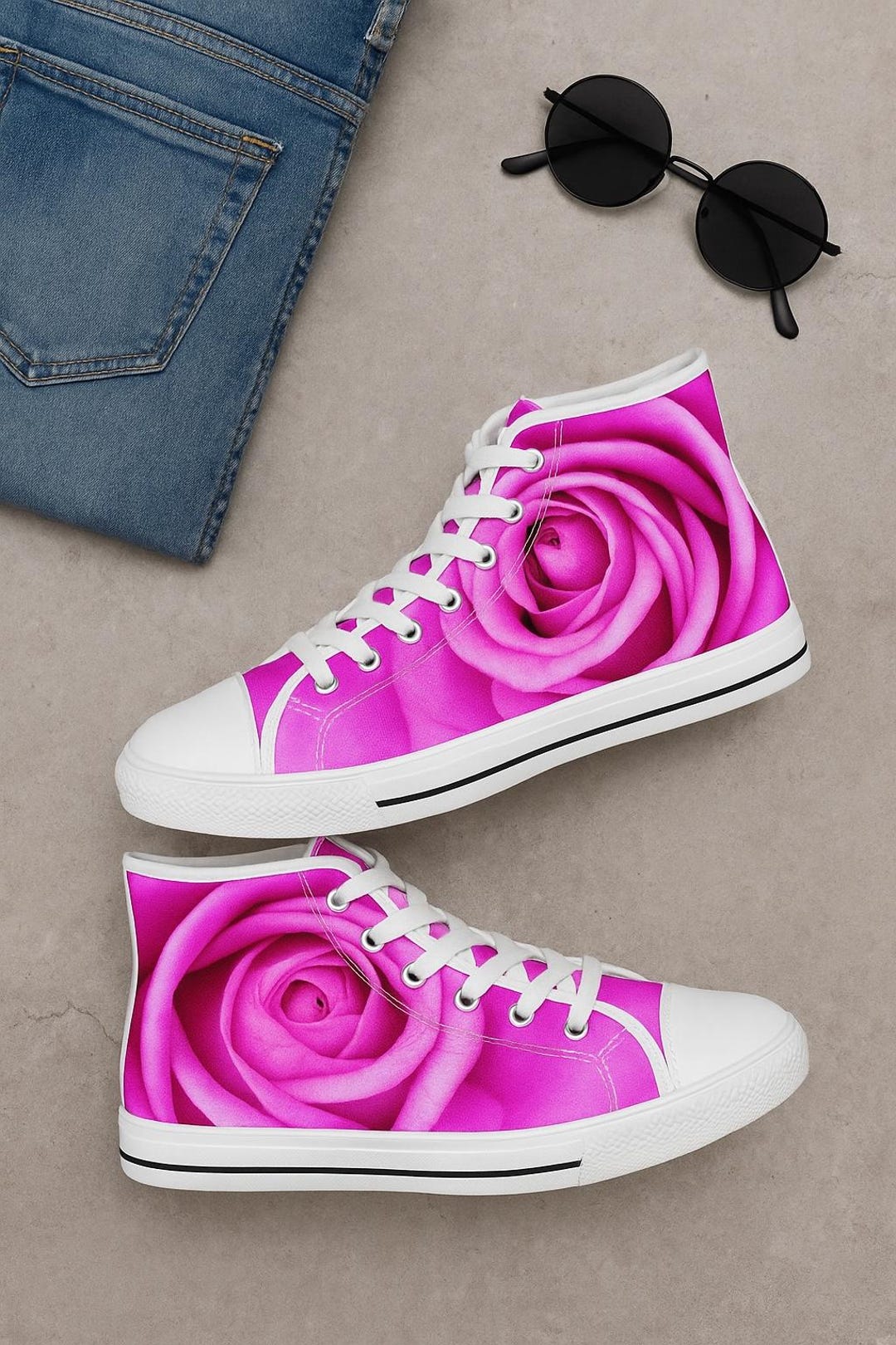 Pink Rose Women's High Top Sneakers - Floral Athletic Shoes, Pink ...