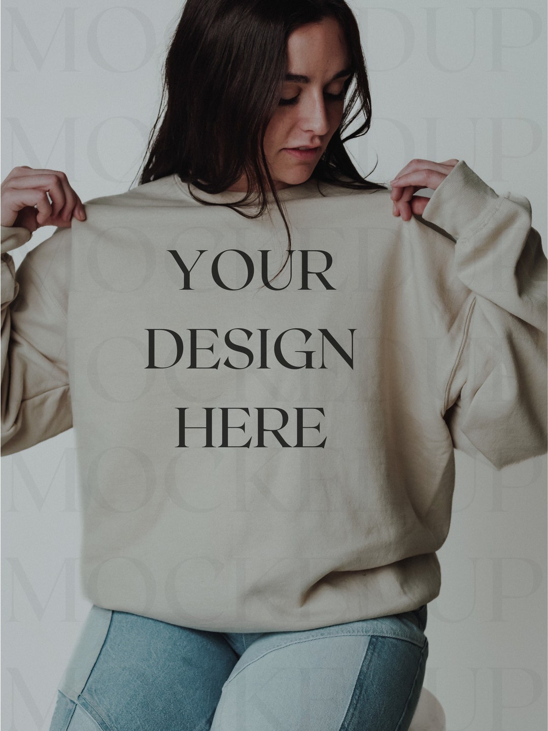 Gildan 1800 Sand Crewneck Mock Up, Professional Studio Gildan Mockup ...